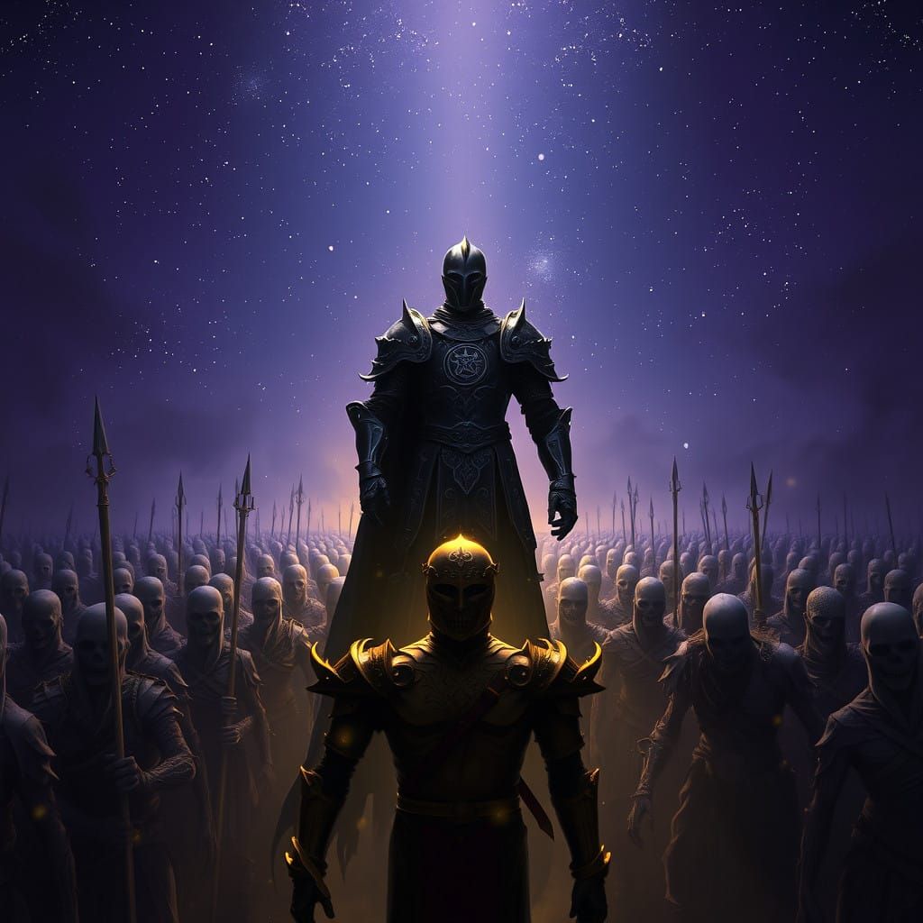 Ethereal Knight Confronts Undead Horde Under Starr... - AI Art