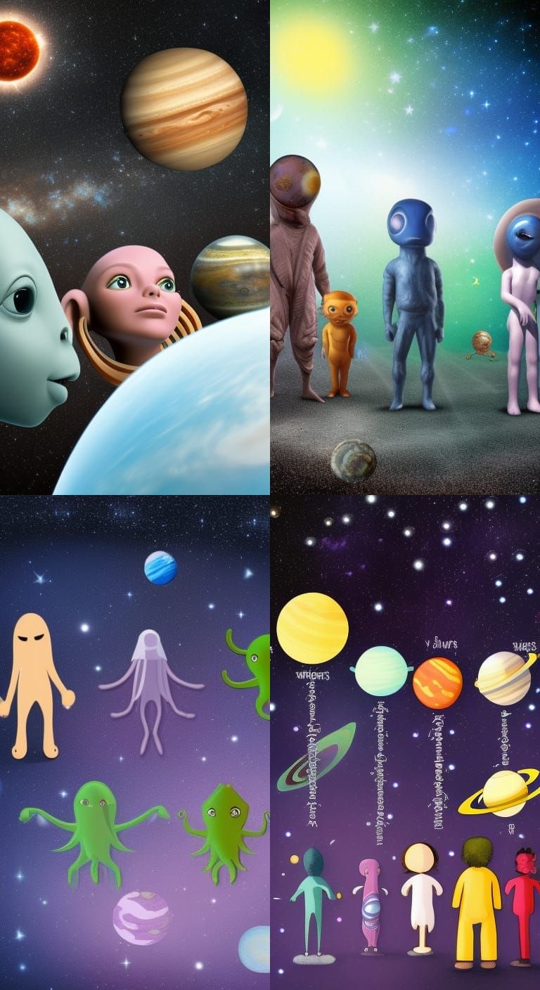 five aliens looking up to stars and planets - AI Generated Artwork ...