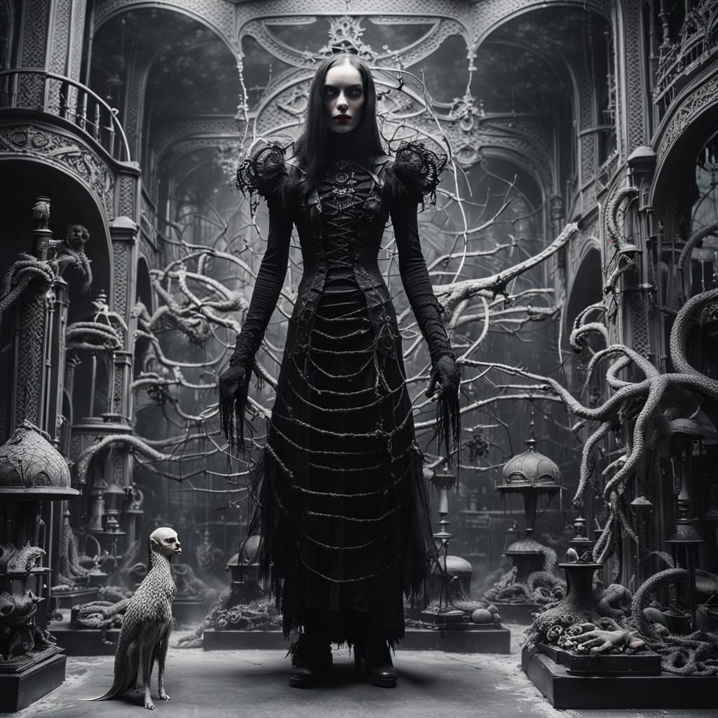 Goth Fashion Model in Dark, Gritty Coffee Shop Sce... - AI Art