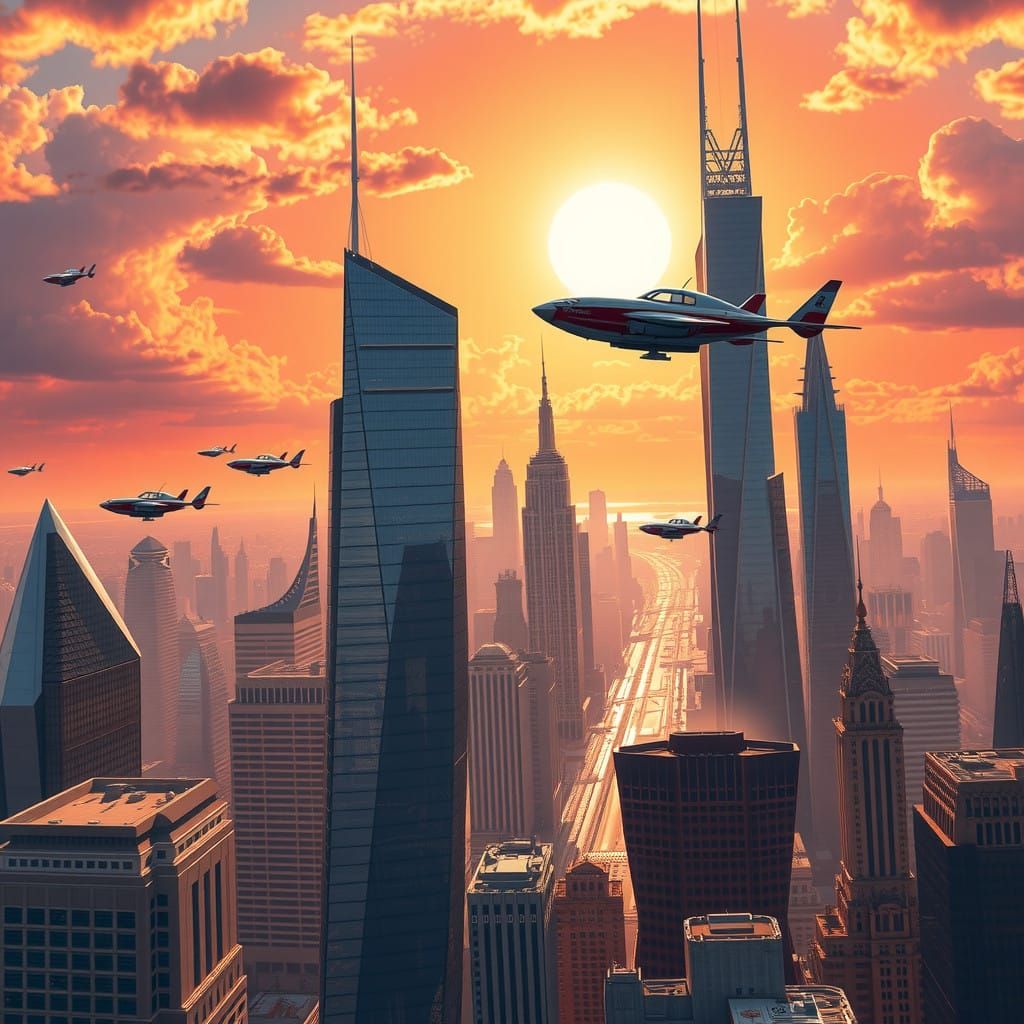 Towering cities with flying cars, chrome skyscrapers, and mid-century ...