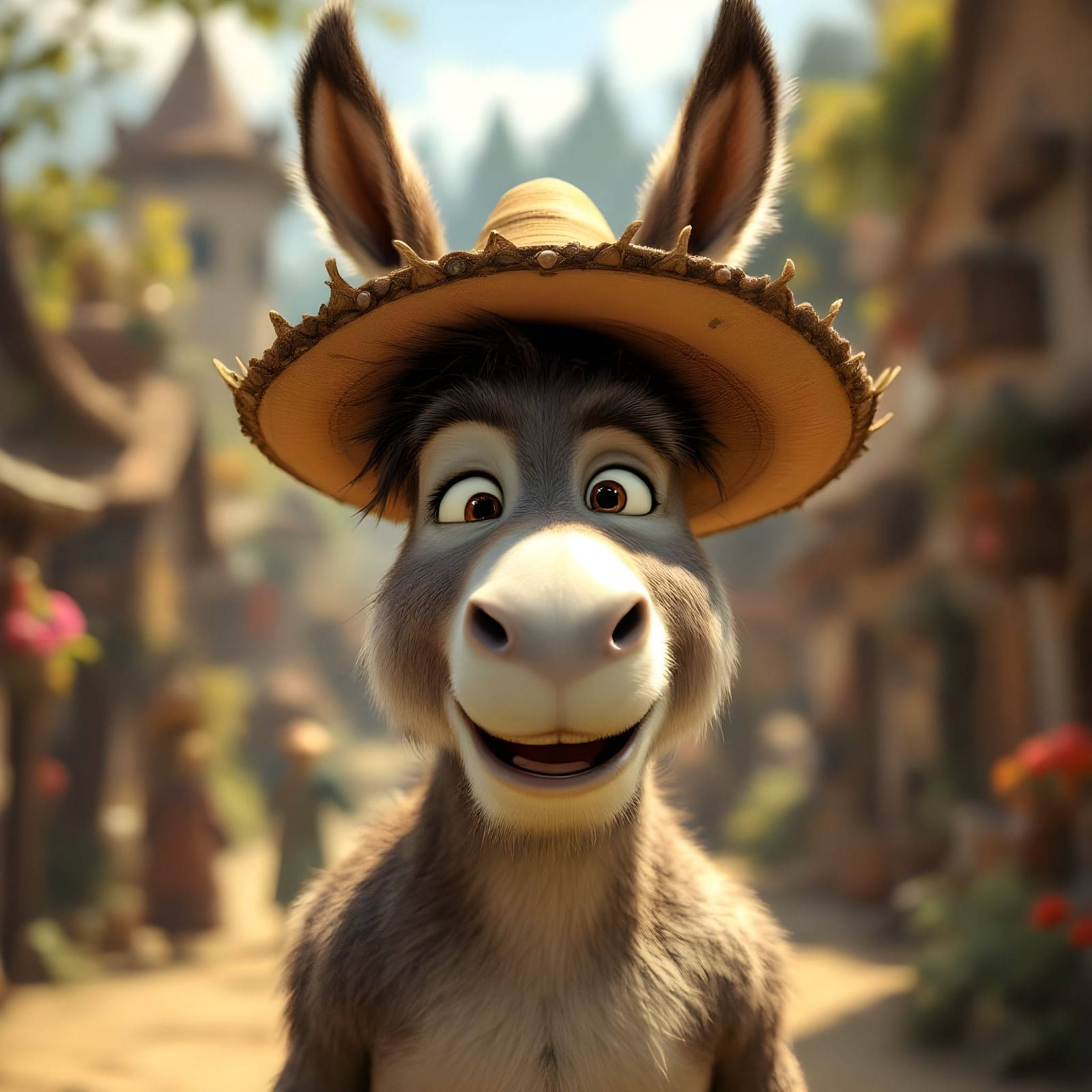 A hyper-realistic portrait of a Donkey from the movie Shrek, wearing a ...