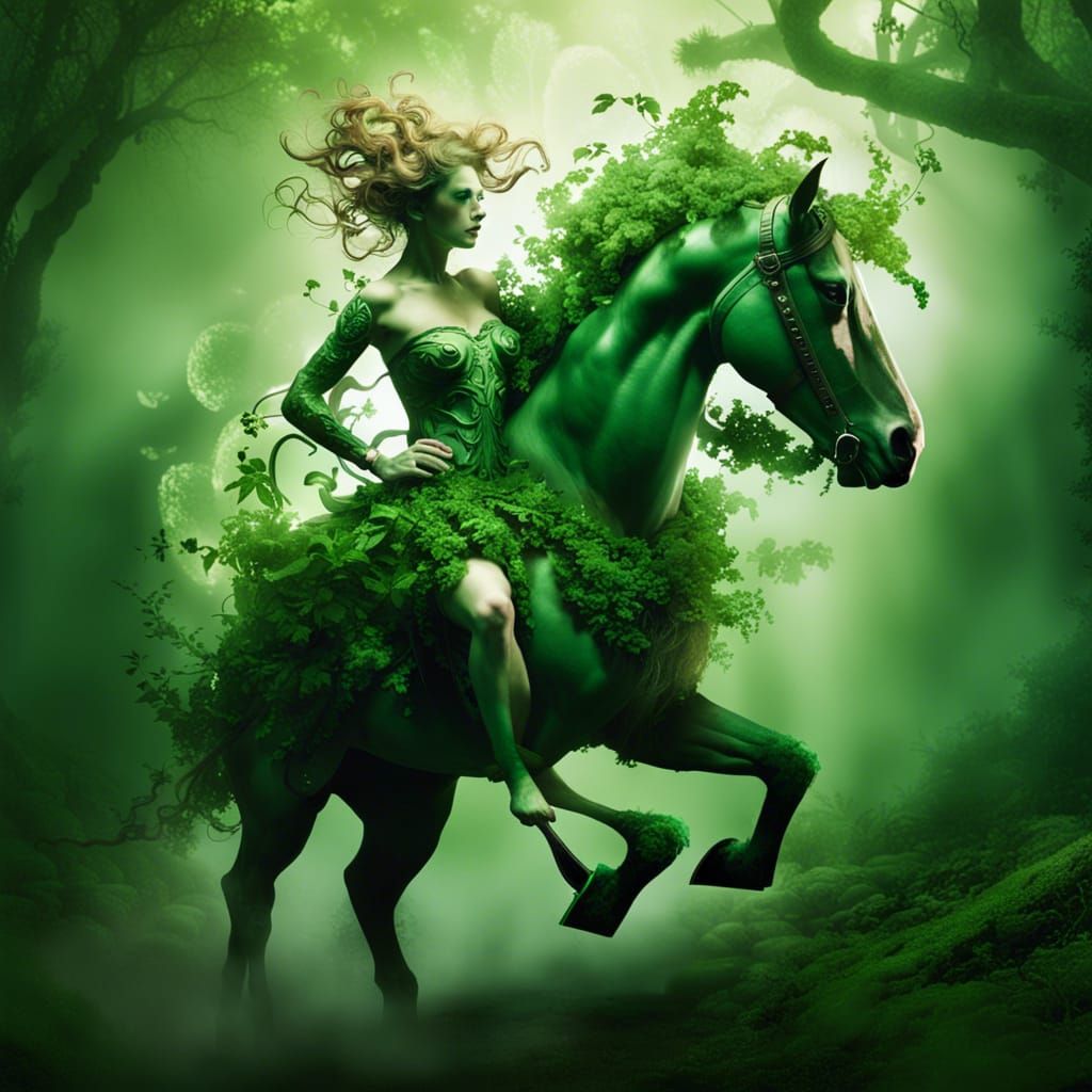 A mythical Centaur, in a lush green forest, swirling leaves and mist by ...