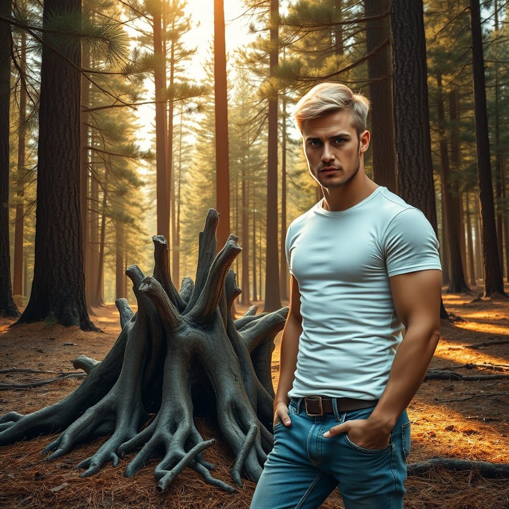 Dashing Man Contemplates Ancient Pine Forest Roots... - AI Art