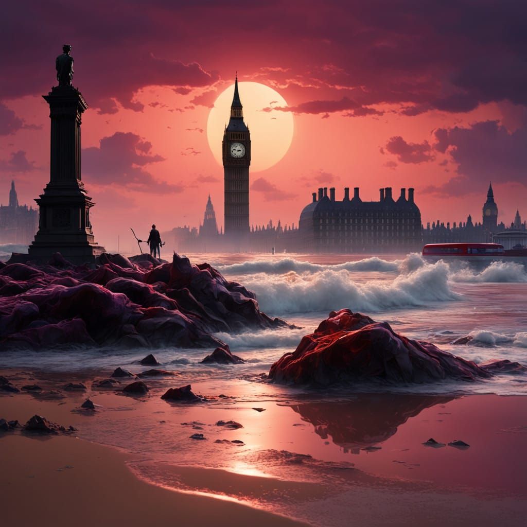 A desolate sea shore under a red sky, slightly out at sea a devastated ...