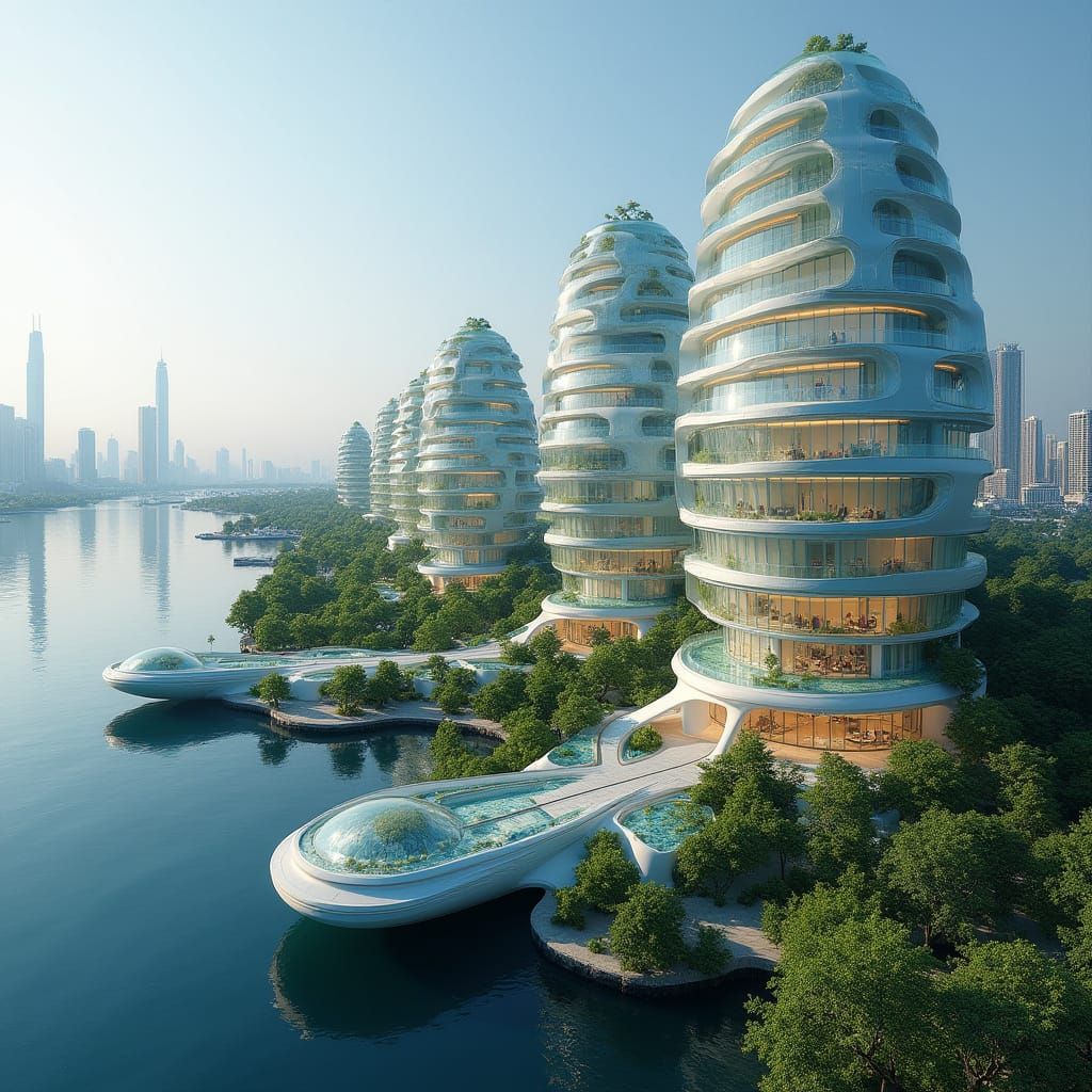 Futuristic Lakeside Cityscape: Iridescent Skyscrap... - AI Art