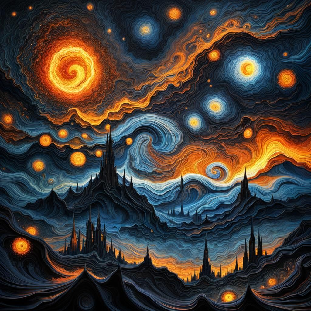 A starry nights made of molten iron, a masterpiece of modeling, magical ...