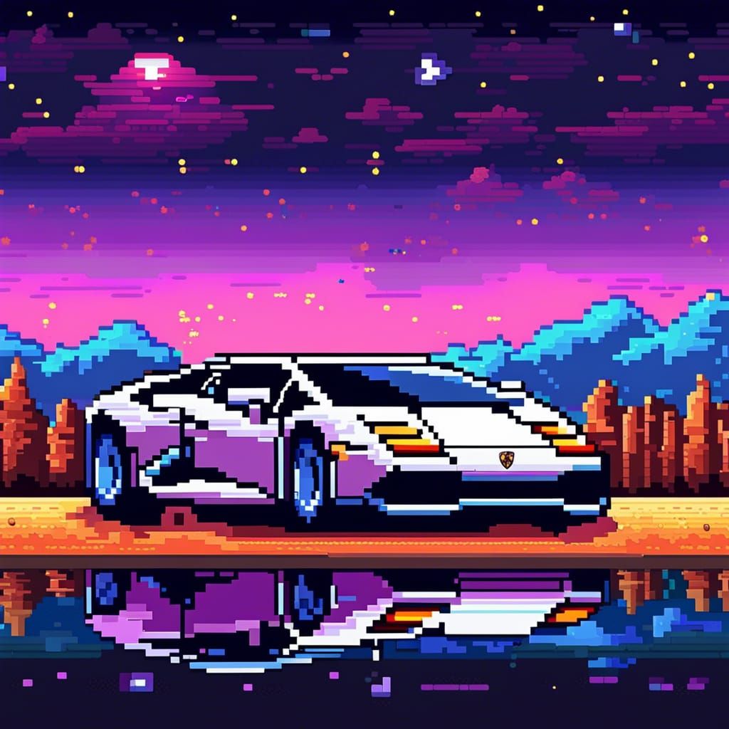 Pixel-Art of a Lamborghini car in a beautiful stary night scenery, 8 ...