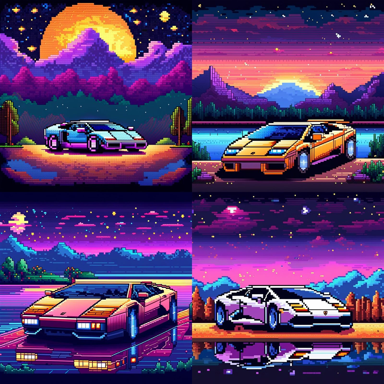Pixel-Art of a Lamborghini car in a beautiful stary night scenery, 8 ...