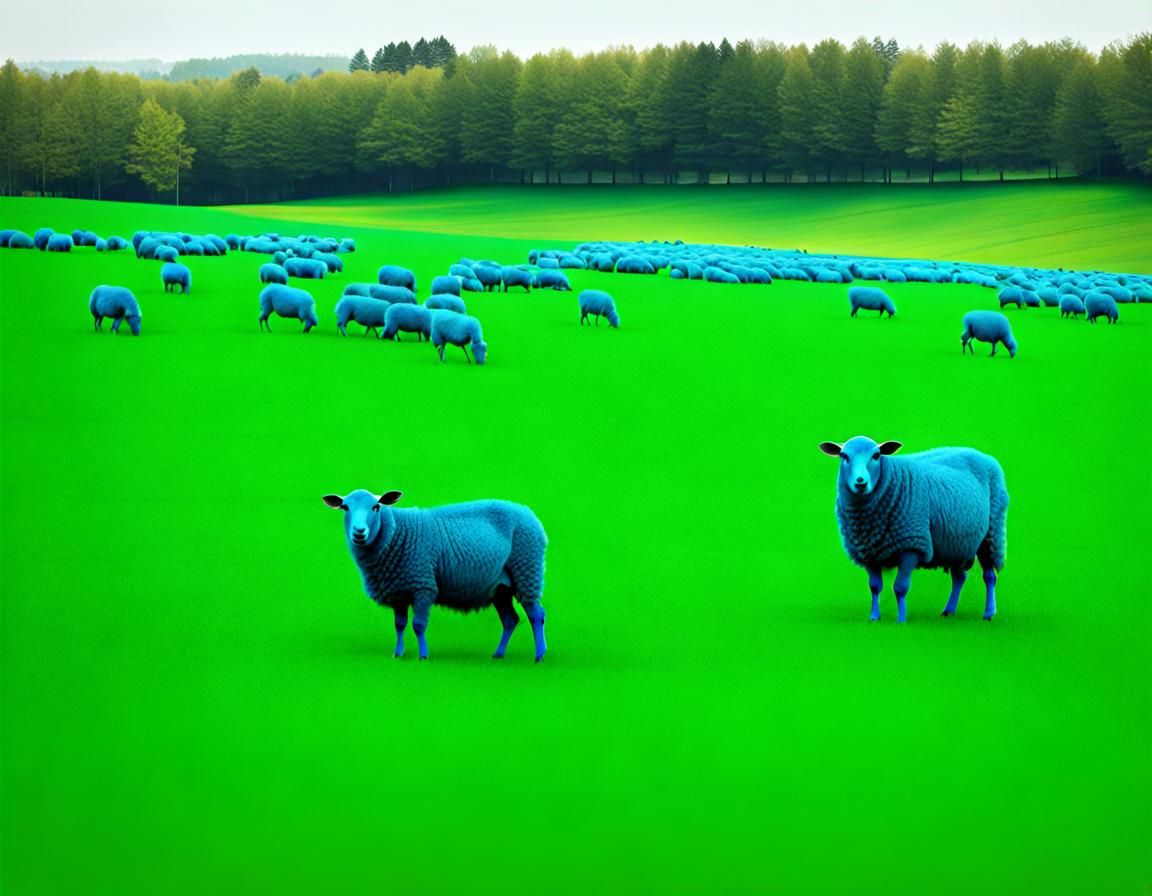 A normal farm field of green grass with real life looking blue sheep ...