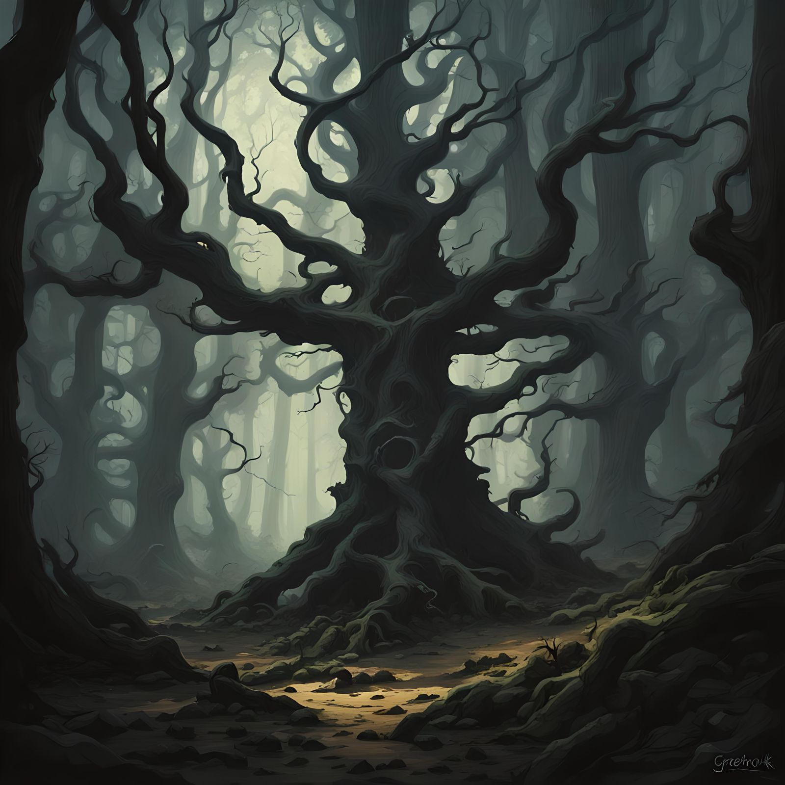 Deep, dark forest with ancient, towering trees. Mysterious atmosphere with twisted branches ...