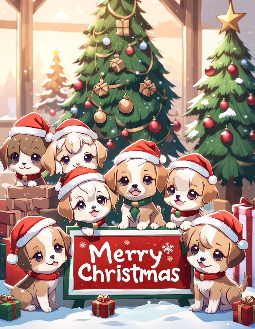 Chibi Pet life A group of Puppies wishing 'Merry Christmas' - AI ...