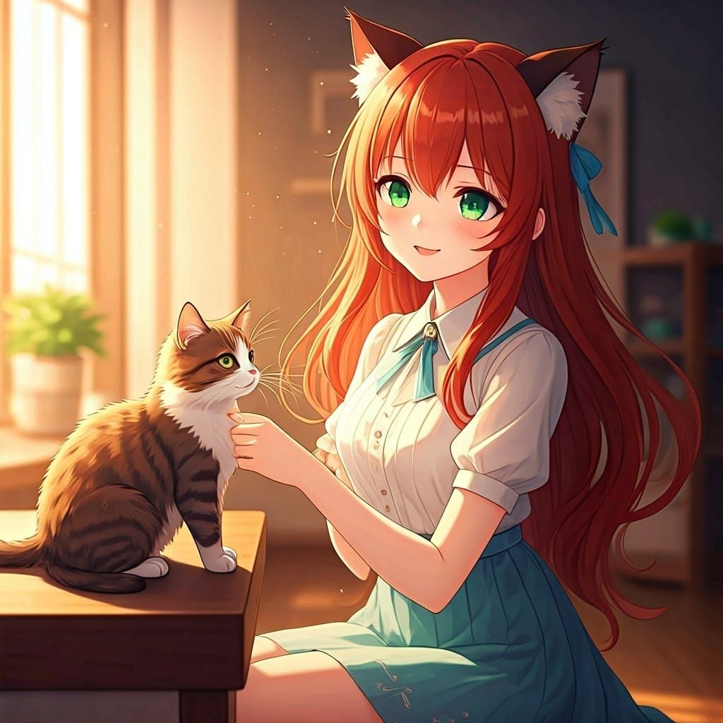 Akane 👩🏻‍🦰😺 - Tranquil Anime Woman with Cat in Whimsical...