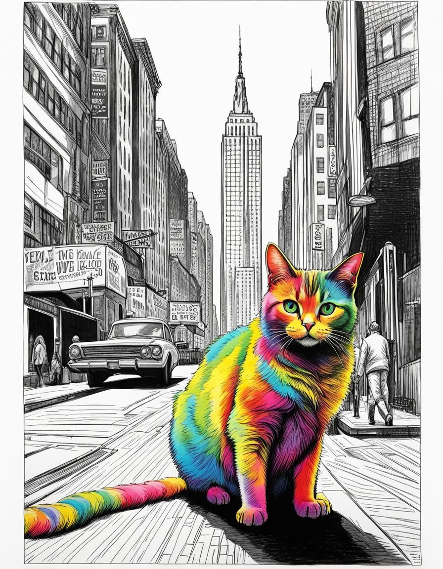Colorful, humanoid Colorful cat walking in a street in New York, facing ...