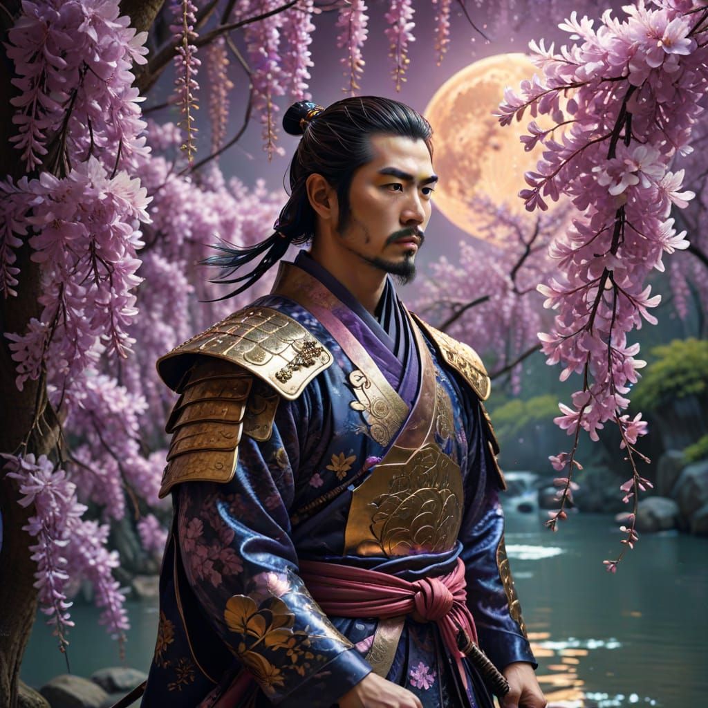 Surreal Samurai Amidst Vibrant Wisteria and Sakura - AI Art