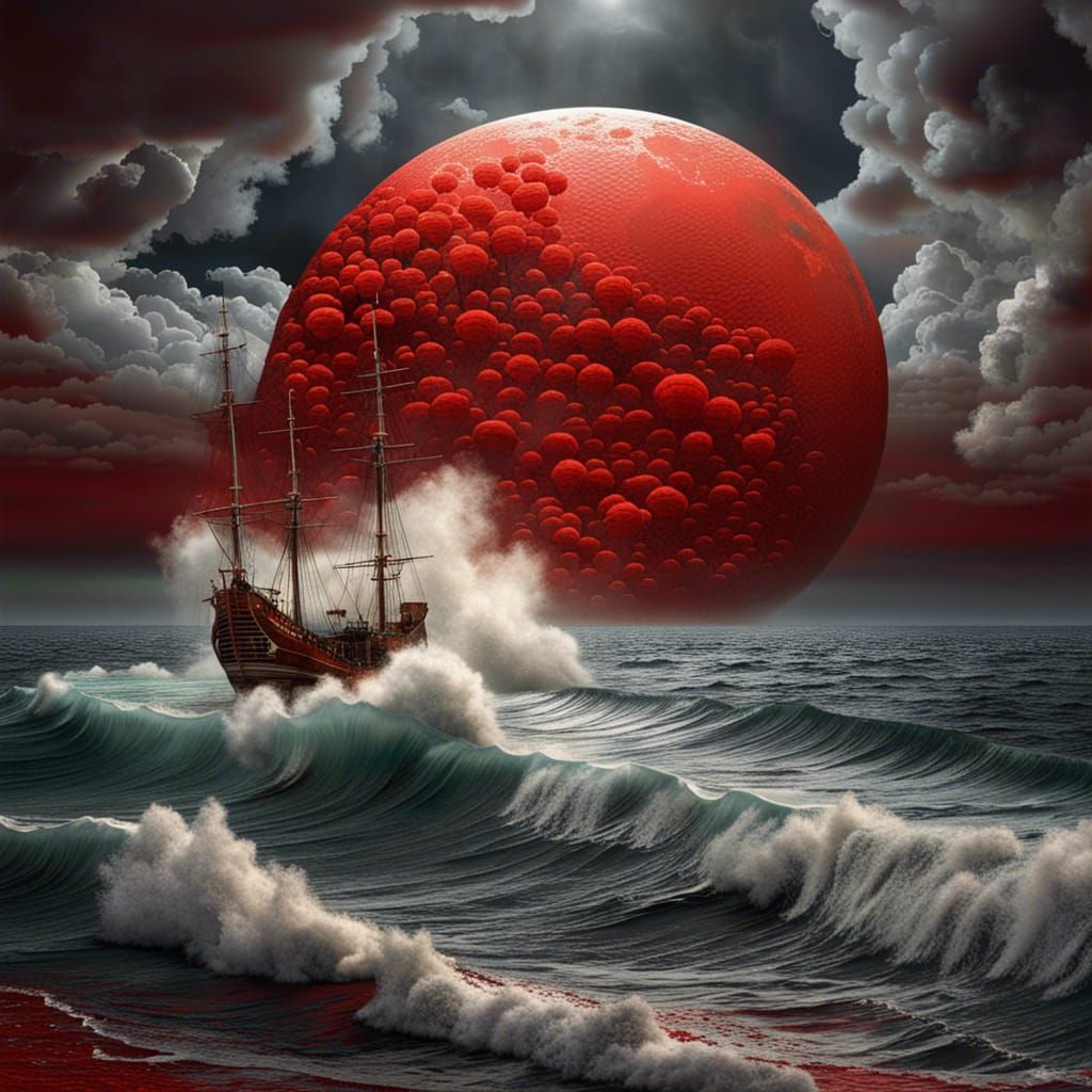 Red moon over stormy red ocean - AI Generated Artwork - NightCafe Creator
