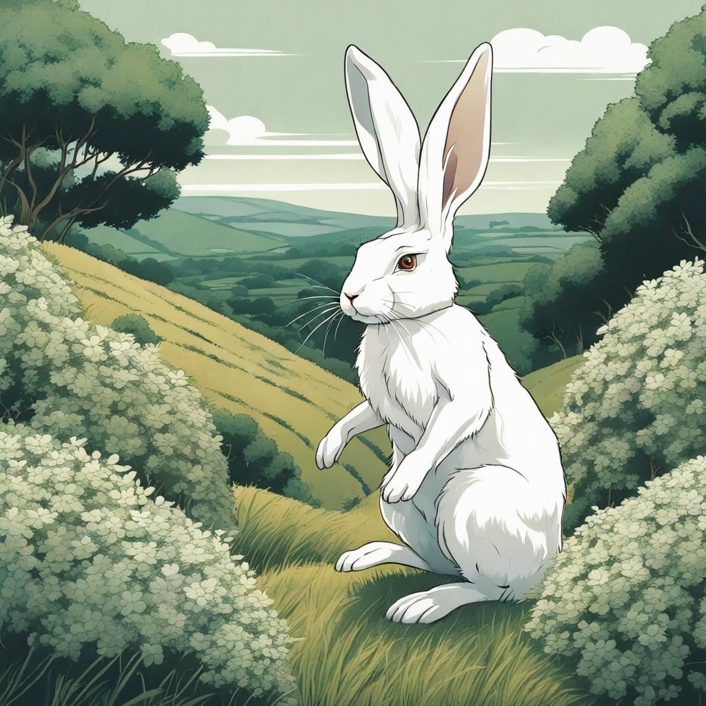 Anime style illustration of a white hare standing on it's hind legs ...