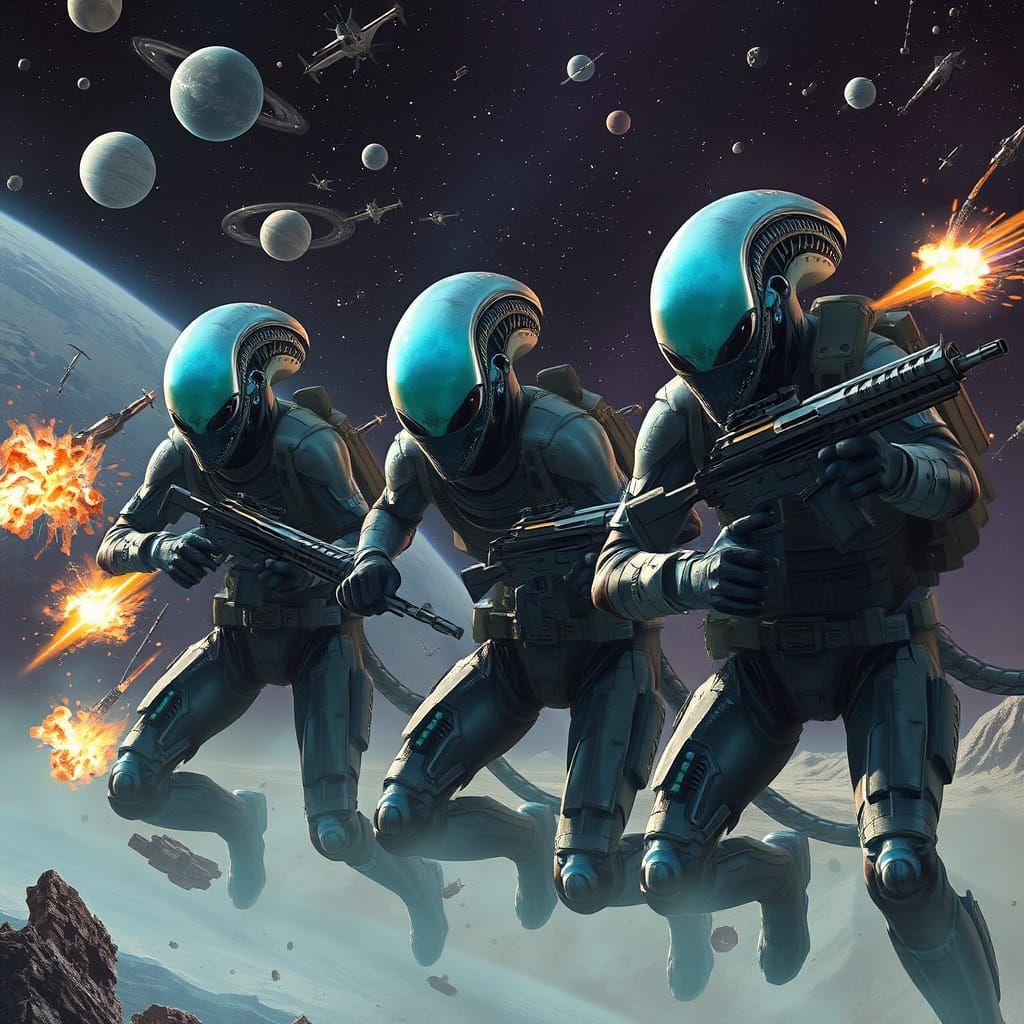 Aliens vs Military Space Battle in Futuristic, Ind... - AI Art