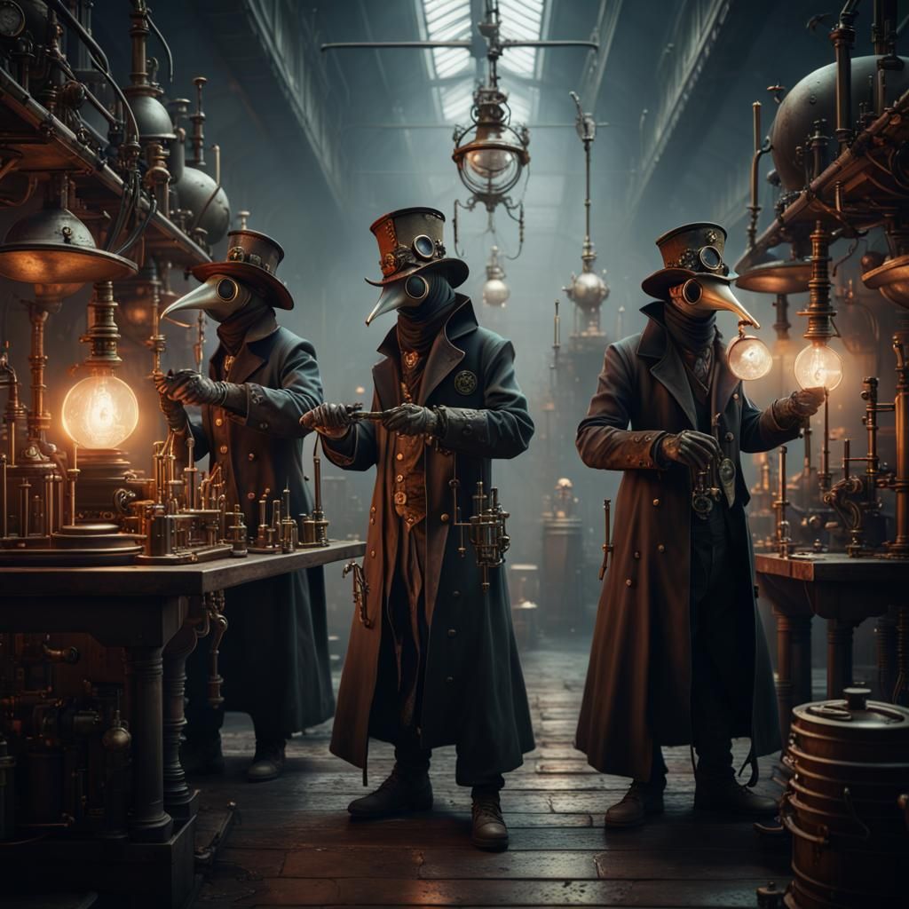 Steampunk plague doctors preforming experiments - AI Generated Artwork ...