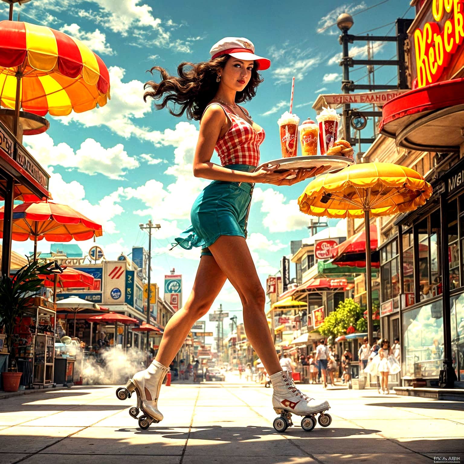 Alberto Vargas inspired retro beautiful carhop on roller skates