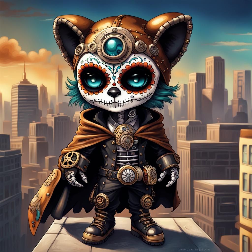 Día de los Muertos Steampunk La Catrina on rooftop - AI Generated ...