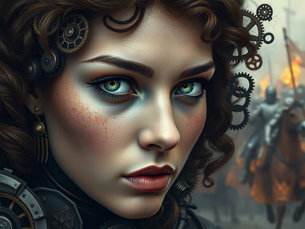 Cyborg Goddess of War Amidst Medieval Mayhem - AI Art