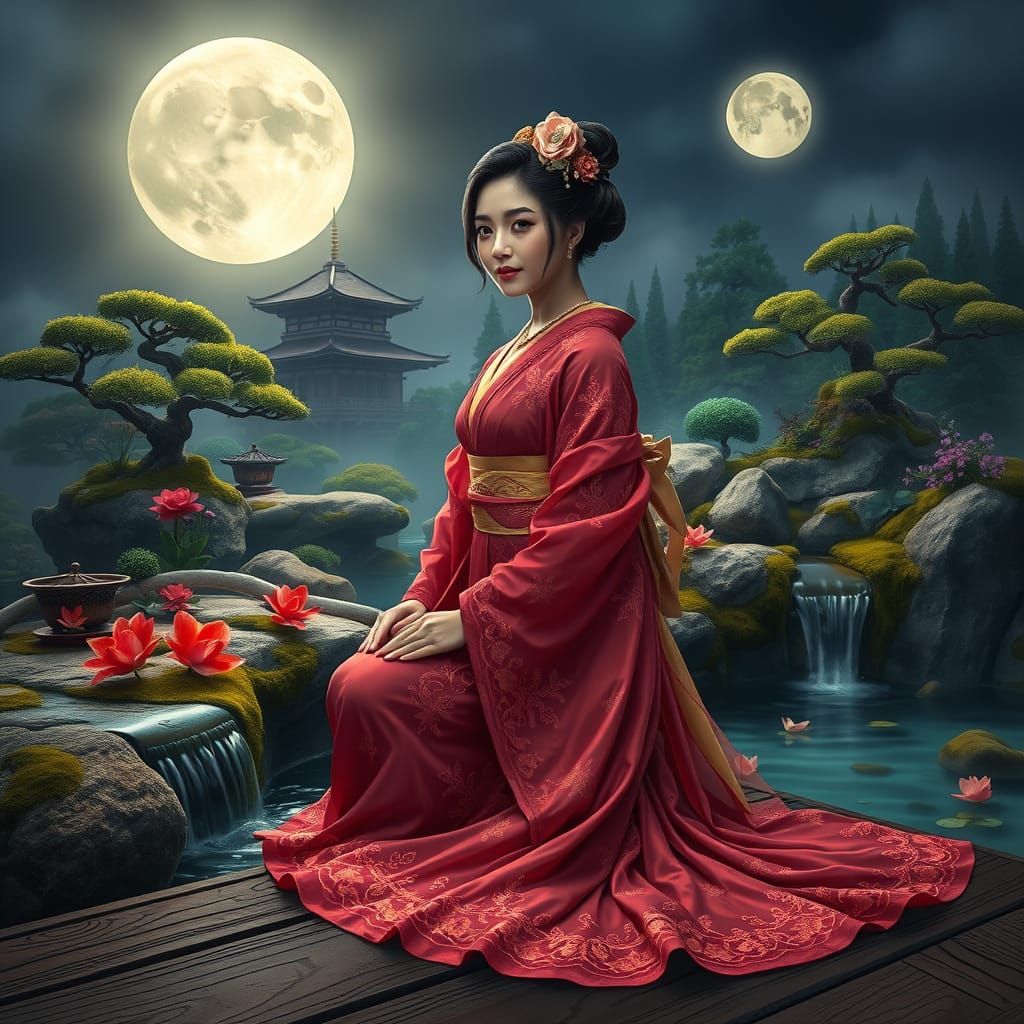 Ethereal Geisha by Moonlit Rock Pool - AI Art