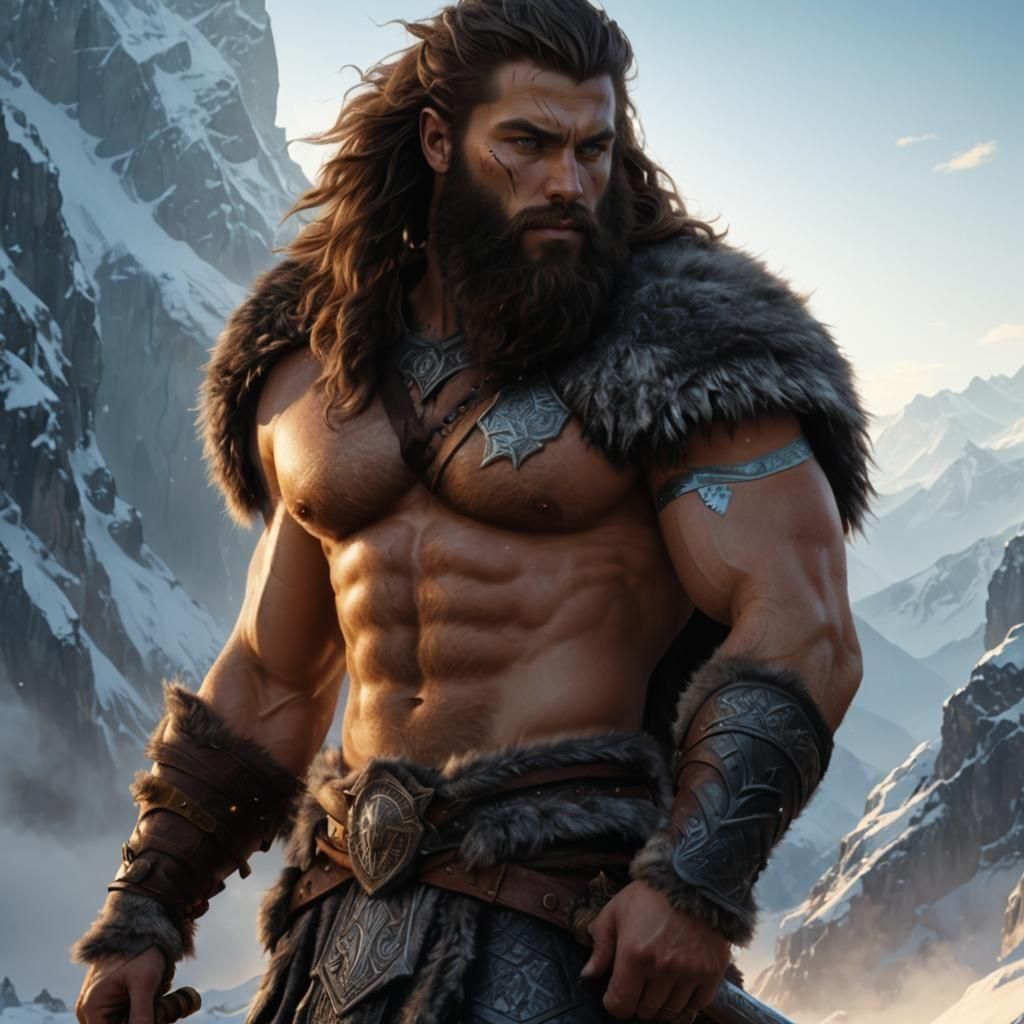 High Fantasy epic male winter viking warrior, muscular, black wild hair ...