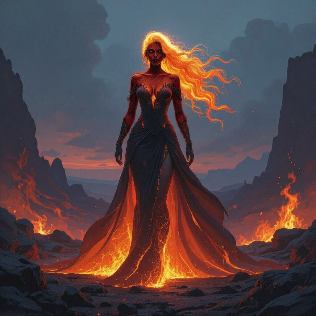 Fire Elemental Emerges from Volcano in Neon Style - AI Art