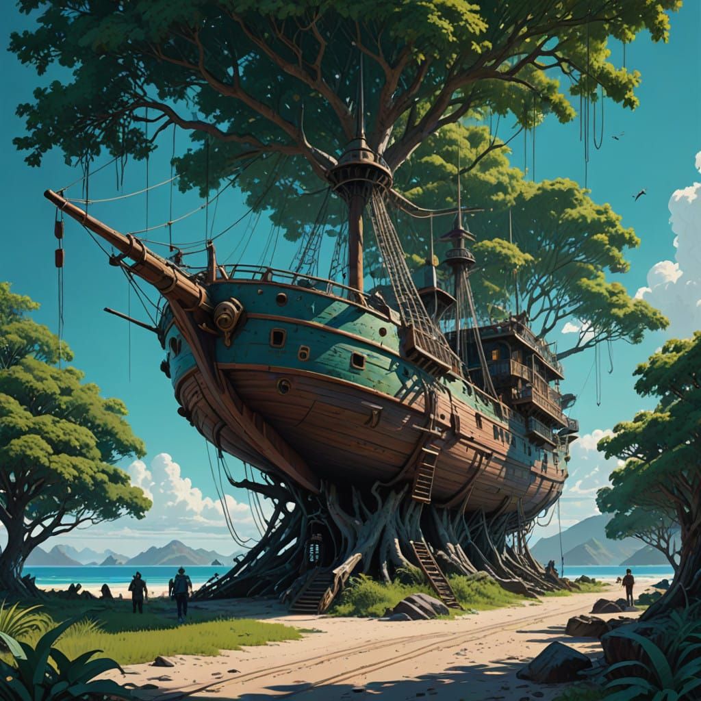 Pirate Ship Treehouse in Tropical Paradise with Gl... - AI Art