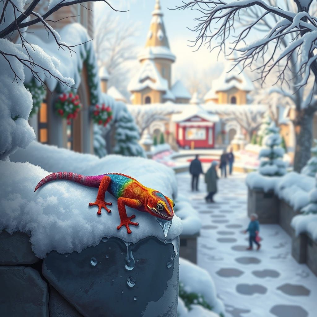 Thaw? - Vibrant Gecko in Winter Wonderland, in Matt Painting...