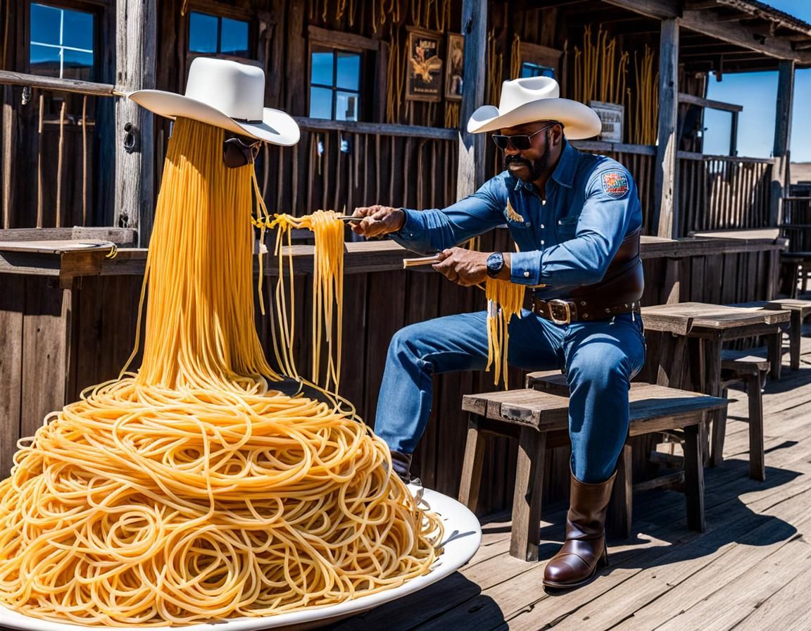 Cowboy made from spaghetti, outside a western saloon bar made of ...