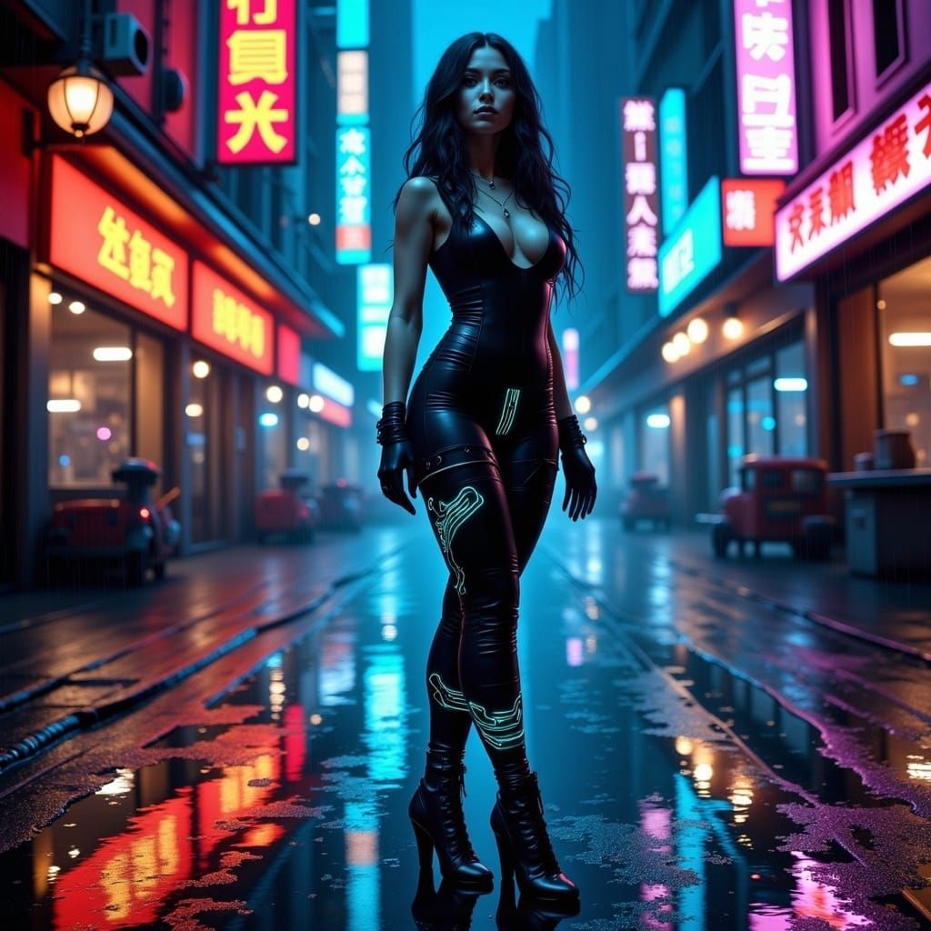Cyberpunk Femme Fatale Under Neon Lights - AI Art