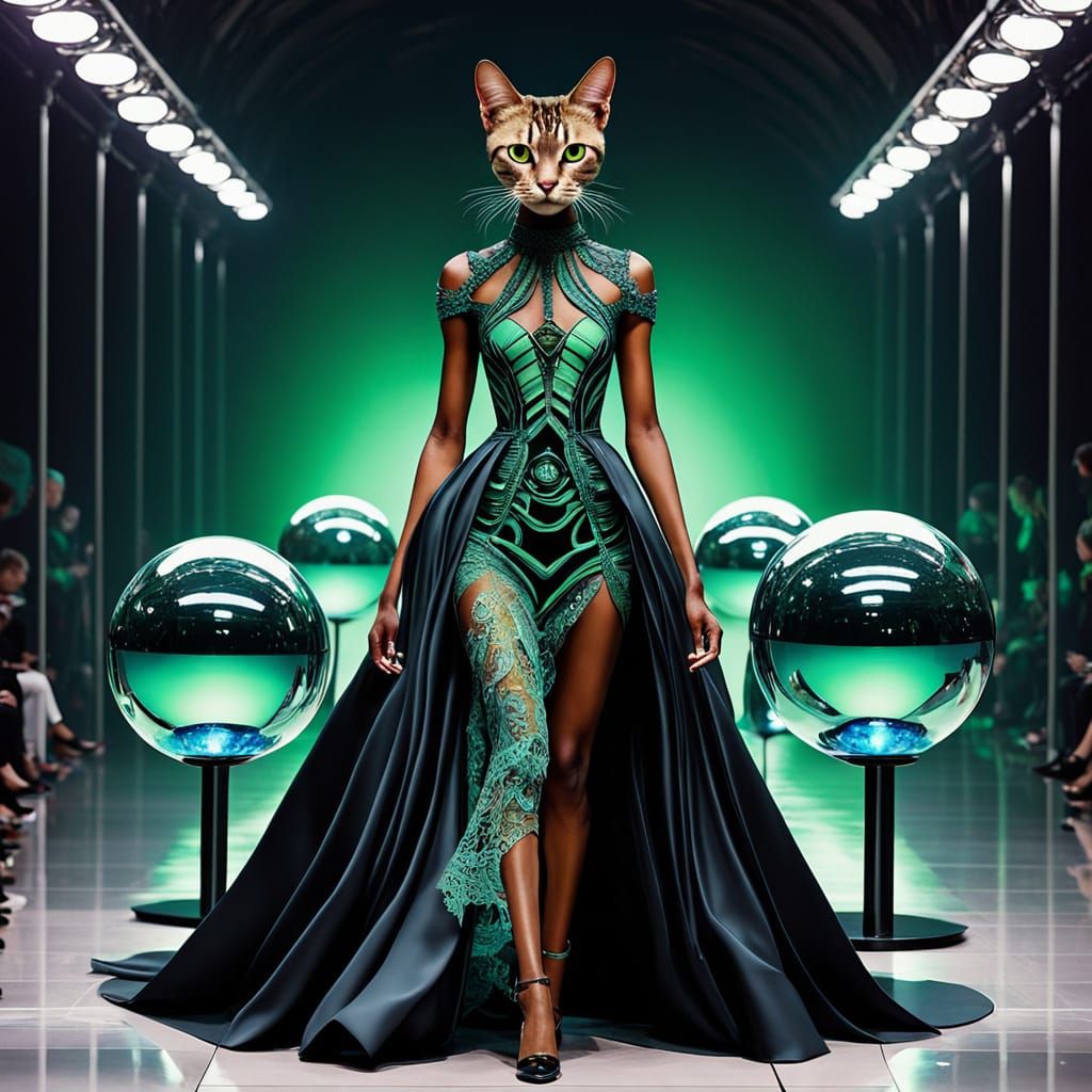 envision an anthropomorphic Female cat of Haitian descent strutting ...