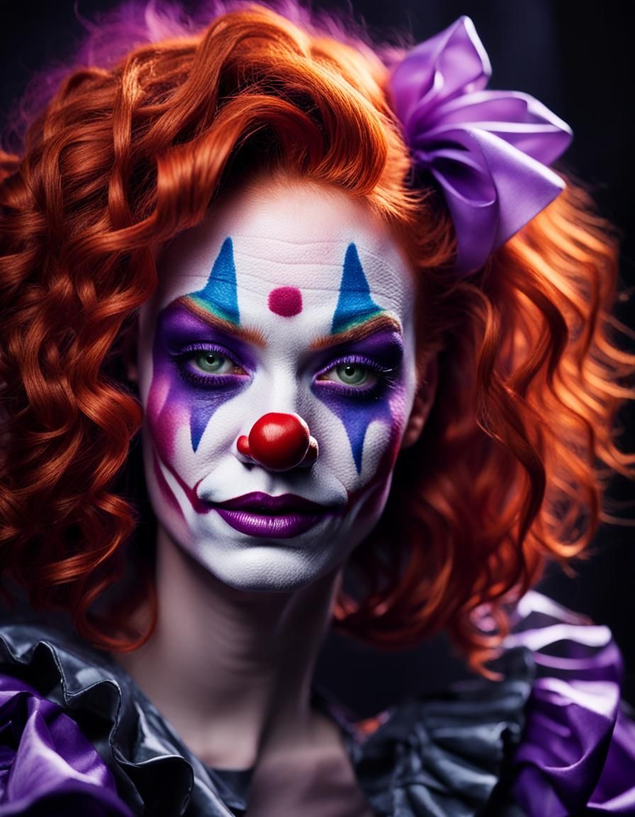 Photo realistic beautiful woman with ginger hair and purple clown ...