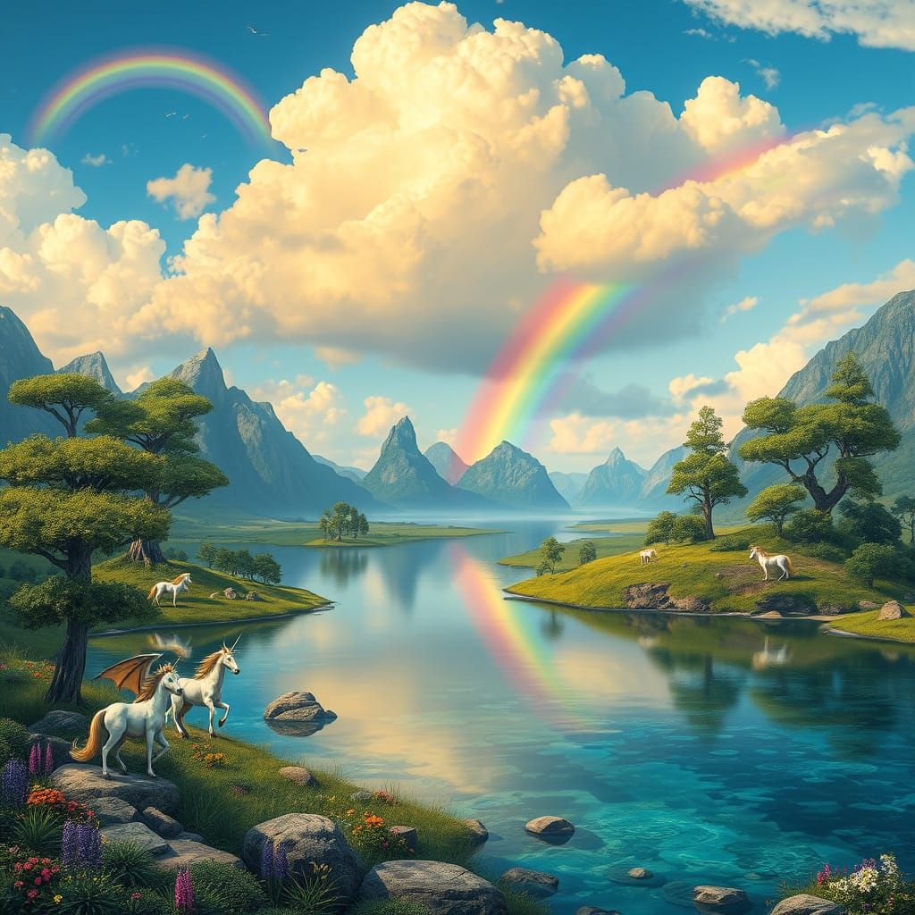 Enchanted Realmscape with Majestic Beasts and Rain... - AI Art