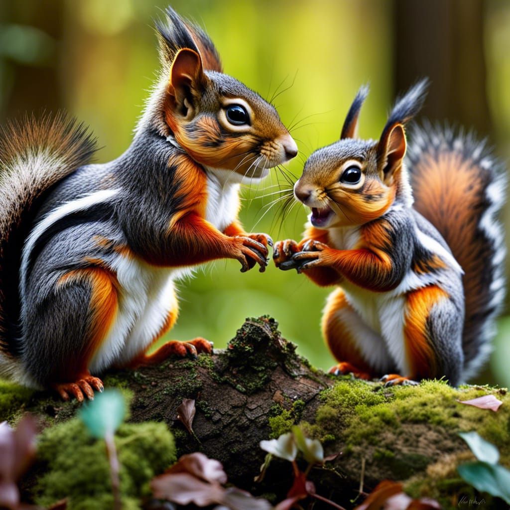 Two!! cute squirrels!! playing with each other in a dark forrest ...
