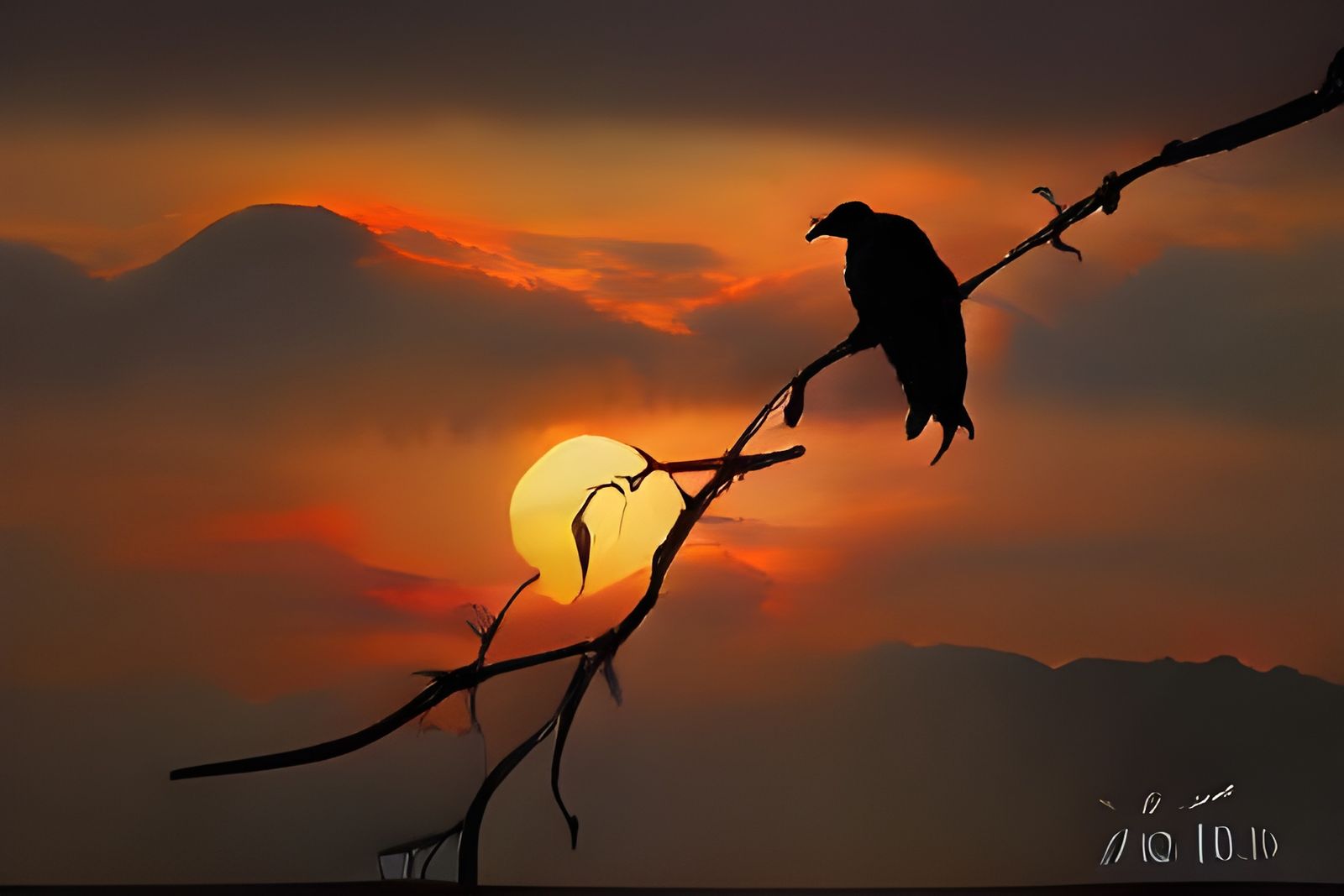 Sunset Raven perched on a branch - AI Generated Artwork - NightCafe Creator