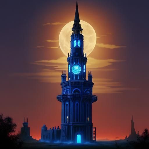A blue tower on red earth. Moonlight. - AI Generated Artwork ...