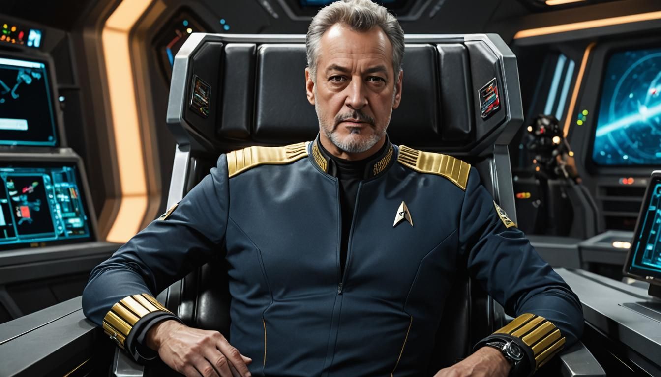 John de Lancie as Q from Star Trek, federation captain uniform, sitting ...
