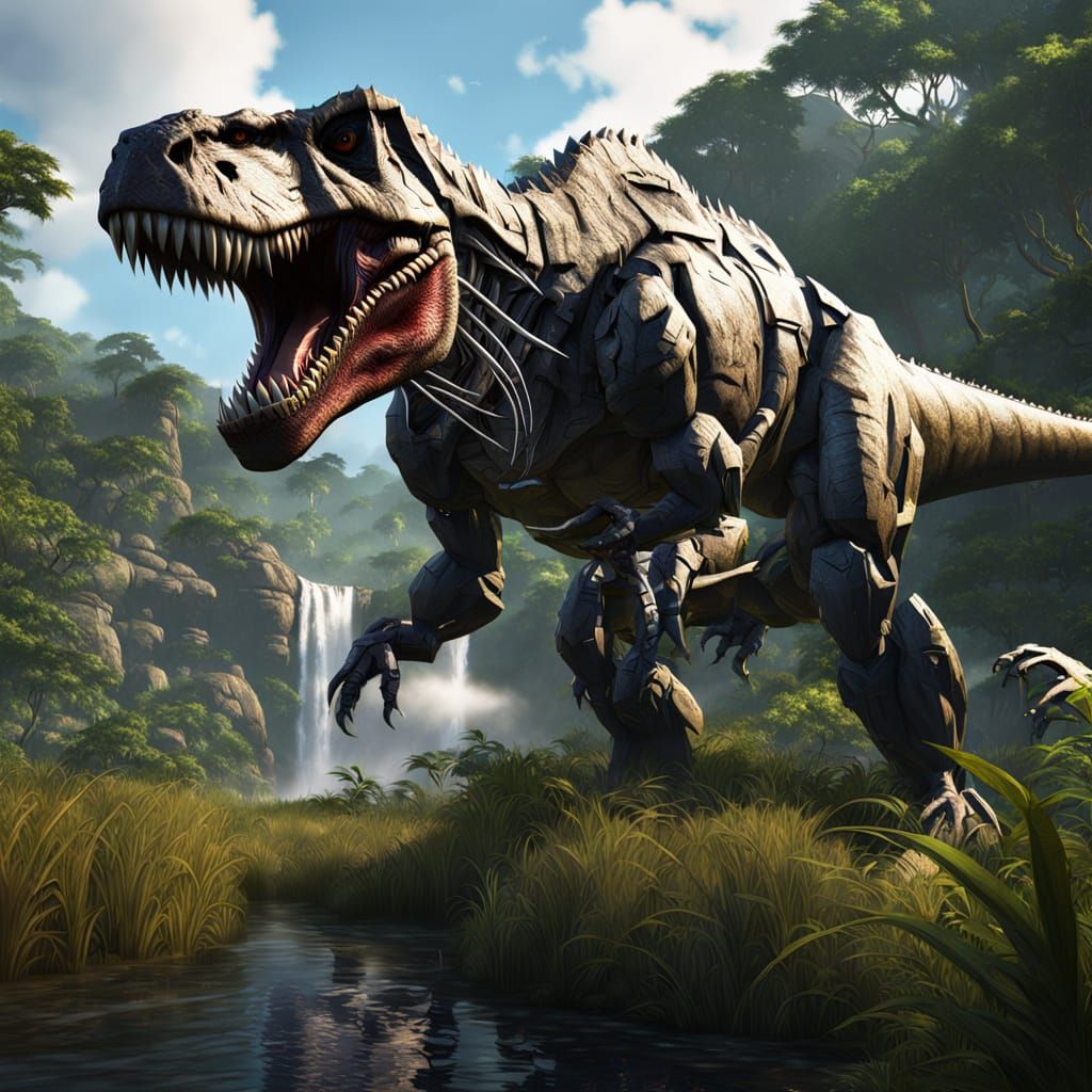Mecha T-Rex - Gigantic Mecha T-Rex Dominates a Lush Jungle L...
