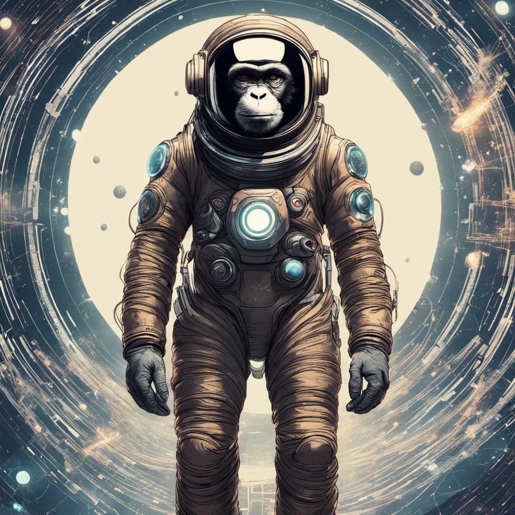 Imagine a futuristic scene where a technologically advanced monkey is ...