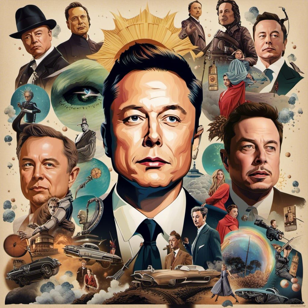 A dreamlike surrealistic collage of Elon Musk's iconic characters ...
