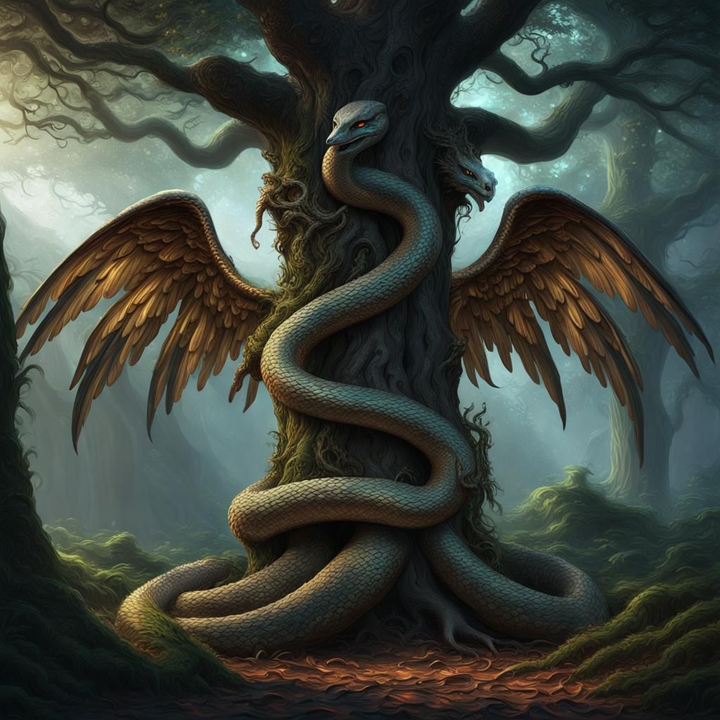 A Serpent with angel-wings coiled around a tree-trunk Epic cinematic ...