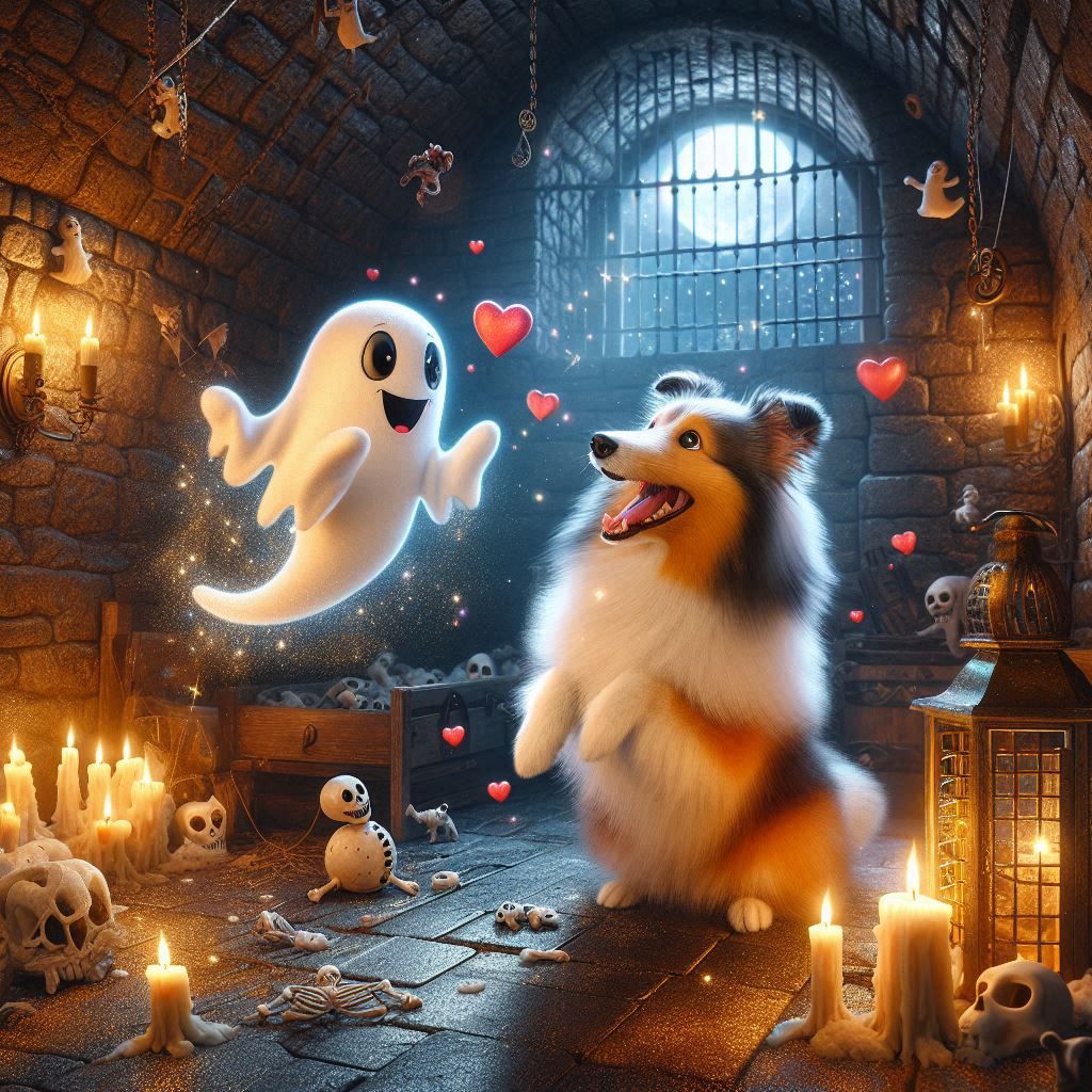 When your sheltie falls in love with a little cute spookie ghostie ...