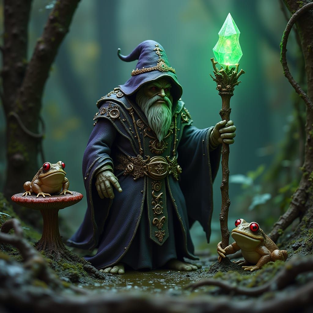 Swamp Warlock Figure in Murky Forest Scene - AI Art