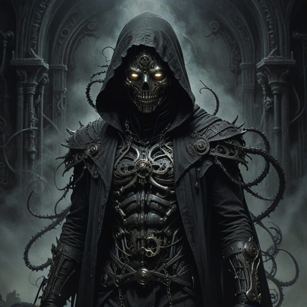 Dark Figure in Clockwork Armor, Surrounded by Eeri... - AI Art
