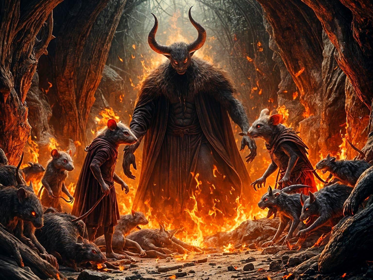 Men dressed as mice standing face to face with Satan at the Gates of Hell