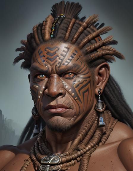 Monster man, beautiful face and eyes, tribal skin, tribal massive ...