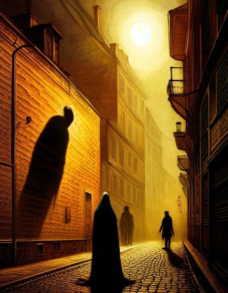 alien monster casting a very scary shadow on the wall of a dark alley ...