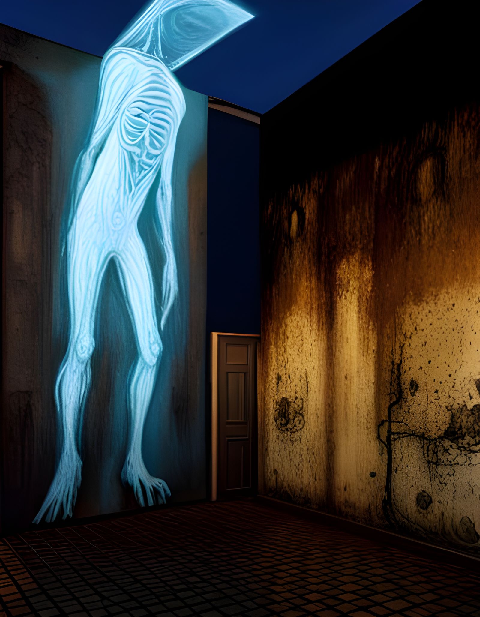 alien monster casting a very scary shadow on the wall of a dark alley ...